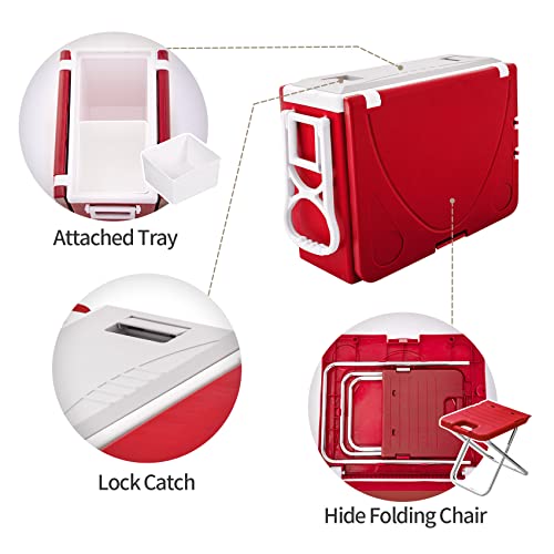 UNICOO - Multi-Function Rolling Cooler Picnic Camping Outdoor W/Table & 2 Chairs, Outdoor Picnic Foldable Upgraded Stool, Heat Insulation Box (Red)