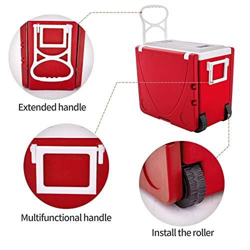 UNICOO - Multi-Function Rolling Cooler Picnic Camping Outdoor W/Table & 2 Chairs, Outdoor Picnic Foldable Upgraded Stool, Heat Insulation Box (Red)