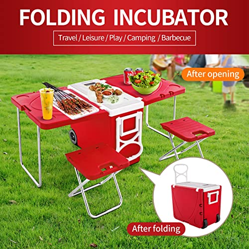 UNICOO - Multi-Function Rolling Cooler Picnic Camping Outdoor W/Table & 2 Chairs, Outdoor Picnic Foldable Upgraded Stool, Heat Insulation Box (Red)