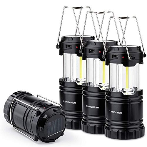 TANSOREN 4 Pack Solar USB Rechargeable 3 AA Power Brightest COB LED Camping Lantern with Magnetic Base, Charging for Android, Waterproof Collapsible Emergency LED Light