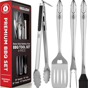 alpha grillers grill set heavy duty bbq accessories – bbq tool set 4pc grill accessories with spatula, fork, brush & bbq tongs – gifts for dad durable, stainless steel grill tools