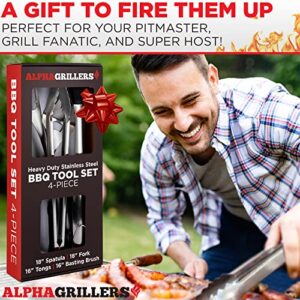 Alpha Grillers Grill Set Heavy Duty BBQ Accessories - BBQ Tool Set 4pc Grill Accessories with Spatula, Fork, Brush & BBQ Tongs - Gifts for Dad Durable, Stainless Steel Grill Tools