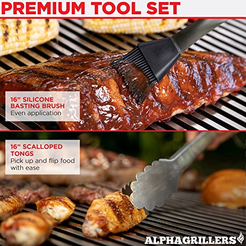 Alpha Grillers Grill Set Heavy Duty BBQ Accessories - BBQ Tool Set 4pc Grill Accessories with Spatula, Fork, Brush & BBQ Tongs - Gifts for Dad Durable, Stainless Steel Grill Tools