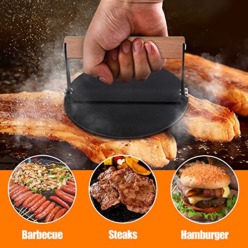 bodkar Smash Burger Press 6 inch, Round Burger Smasher Grill Press for Griddle Bacon Press Meat Steak Press with Wood Handle