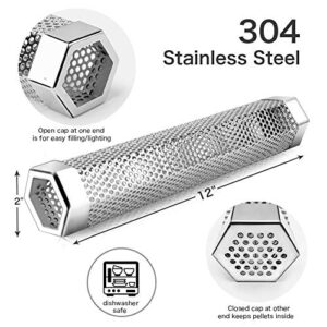 Smoke Tube for Pellet Smoker, 12'' Smoker Tube Pellet Grill Accessories, Premium Stainless Steel Pellet Tube for all Grill or Smoker - Hot or Cold Smoking Generator for Electric Gas Charcoal Grilling