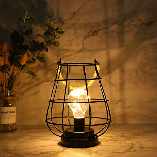 JHY DESIGN 8.5" Cage Bulb Lantern Decorative Lamp Battery Powered Cordless Accent Light with Warm White Fairy Lights LED Edison Bulb Lamp for Living Room Bedroom Kitchen Wedding(Black)