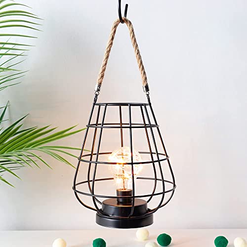 JHY DESIGN 8.5" Cage Bulb Lantern Decorative Lamp Battery Powered Cordless Accent Light with Warm White Fairy Lights LED Edison Bulb Lamp for Living Room Bedroom Kitchen Wedding(Black)