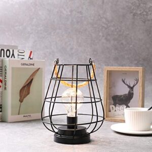 JHY DESIGN 8.5" Cage Bulb Lantern Decorative Lamp Battery Powered Cordless Accent Light with Warm White Fairy Lights LED Edison Bulb Lamp for Living Room Bedroom Kitchen Wedding(Black)