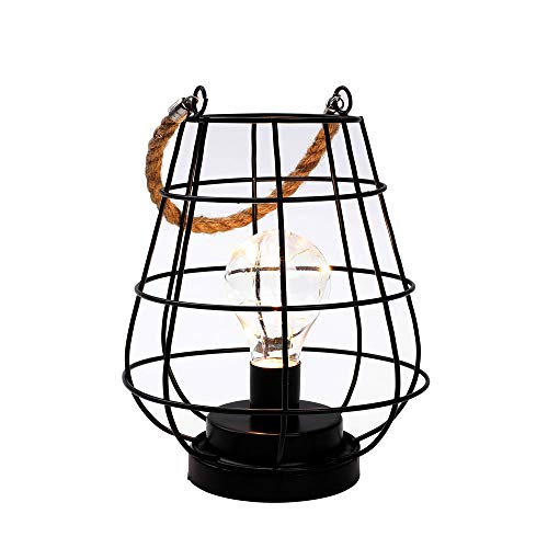 JHY DESIGN 8.5" Cage Bulb Lantern Decorative Lamp Battery Powered Cordless Accent Light with Warm White Fairy Lights LED Edison Bulb Lamp for Living Room Bedroom Kitchen Wedding(Black)