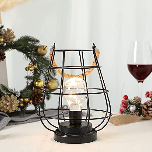 JHY DESIGN 8.5" Cage Bulb Lantern Decorative Lamp Battery Powered Cordless Accent Light with Warm White Fairy Lights LED Edison Bulb Lamp for Living Room Bedroom Kitchen Wedding(Black)