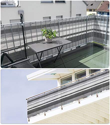 Sekey 2.46'×16.5' Balcony Privacy Screen Balcony Cover HDPE 220 g/m², Slightly Transparent Wind, with Eyelets, Nylon Cable Ties and Cord, Gray Stripes