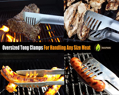 Cave Tools 17" Long Handle Stainless Steel Grill Tongs with Locking Bracket - BBQ Grill Accessories