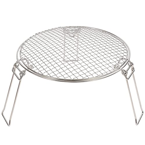 Lineslife Folding 13.4'' Round Campfire Grill Grate, Portable Stainless Steel Camp Fire Cooking Racks with Removable Net 3 Legs for Outdoor Camping Cooking Fire Pit, Silver