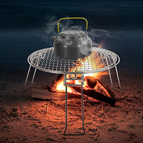 Lineslife Folding 13.4'' Round Campfire Grill Grate, Portable Stainless Steel Camp Fire Cooking Racks with Removable Net 3 Legs for Outdoor Camping Cooking Fire Pit, Silver