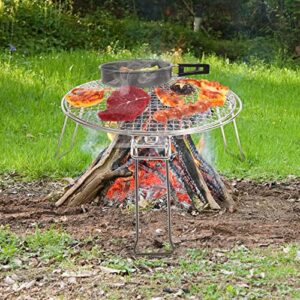 Lineslife Folding 13.4'' Round Campfire Grill Grate, Portable Stainless Steel Camp Fire Cooking Racks with Removable Net 3 Legs for Outdoor Camping Cooking Fire Pit, Silver