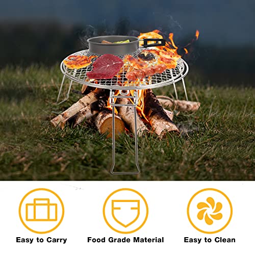 Lineslife Folding 13.4'' Round Campfire Grill Grate, Portable Stainless Steel Camp Fire Cooking Racks with Removable Net 3 Legs for Outdoor Camping Cooking Fire Pit, Silver