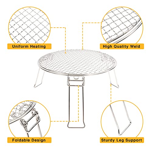 Lineslife Folding 13.4'' Round Campfire Grill Grate, Portable Stainless Steel Camp Fire Cooking Racks with Removable Net 3 Legs for Outdoor Camping Cooking Fire Pit, Silver