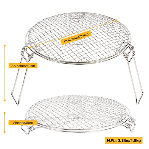 Lineslife Folding 13.4'' Round Campfire Grill Grate, Portable Stainless Steel Camp Fire Cooking Racks with Removable Net 3 Legs for Outdoor Camping Cooking Fire Pit, Silver