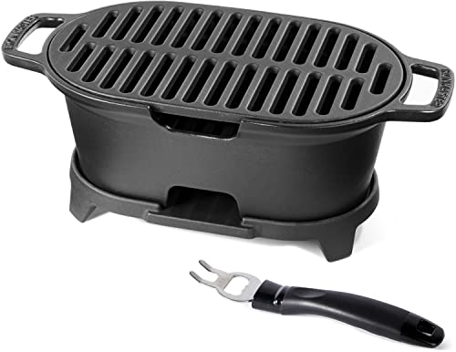 IronMaster M28 Hibachi Grill, Cast Iron Charcoal Grill, S'mores Maker Indoor, Portable Mini Grills for Tabletop, Camping, Outdoors, The Small Japanese Grill BBQ Cooking Surface 11" x 6.7 "