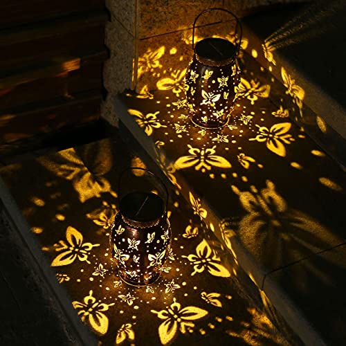 2 Pack Solar Lanterns Butterfly Hanging Solar Outdoor Lights Solar Powered Patio Lights Decorative for Garden Yard Table Women Gifts