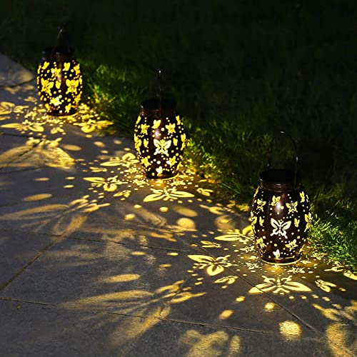 2 Pack Solar Lanterns Butterfly Hanging Solar Outdoor Lights Solar Powered Patio Lights Decorative for Garden Yard Table Women Gifts