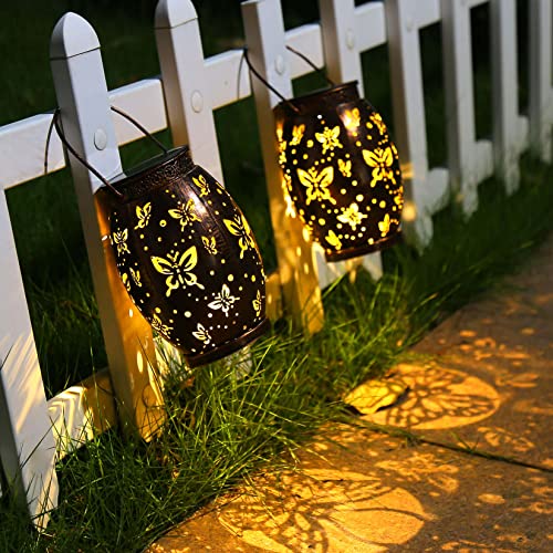 2 Pack Solar Lanterns Butterfly Hanging Solar Outdoor Lights Solar Powered Patio Lights Decorative for Garden Yard Table Women Gifts