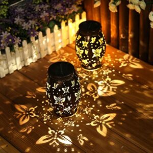 2 Pack Solar Lanterns Butterfly Hanging Solar Outdoor Lights Solar Powered Patio Lights Decorative for Garden Yard Table Women Gifts