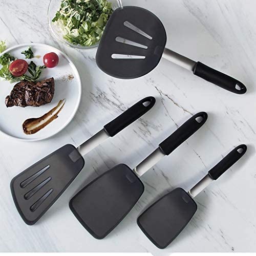 GEEKHOM Silicone Melt Proof 600F Heat Resistant Spatulas Set & Tongs 2pack 9“+12” Silicone Tips Cooking Tongs