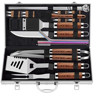 romanticist 25pcs extra thick stainless steel grill tool set for men, heavy duty grilling accessories kit for backyard, bbq utensils gift set with spatula,tongs in aluminum case for birthday brown