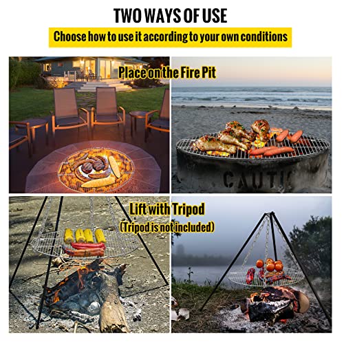 VEVOR Fire Pit Grates, Foldable Round Cooking Grate, Stainless Steel Tight Grid Campfire BBQ Grill with Portable Handle for Outdoor Picnic Party & Gathering, Silver (36 inch-With Handle)