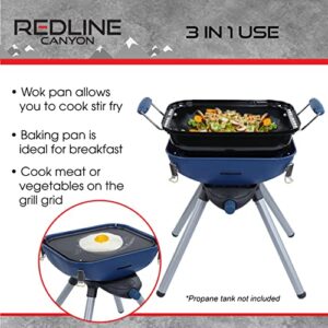 Redline Canyon Camping Grill 3 in 1 Portable Gas Stove 7,000 BTUs Propane Grill Camping Grill Grid and 2-Sided Baking Pan with Wok