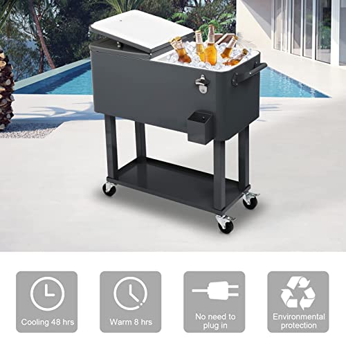 Outvita 80 Quart Rolling Ice Chest, Portable Bar Drink Cooler with Catch Basin, Bottom Storage Tray and Bottle Opener for Patio Party BBQ Beach Activities (Dark Gray)