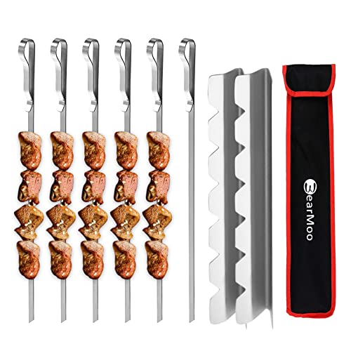 Barbecue Skewer, BearMoo 17” Stainless Steel Shish Kabob Skewers – 0.35” Width Flat BBQ Metal Skewers for Grilling  (Set of 6 Skewers + 2 Grill Racks + 1 Handy Storage)