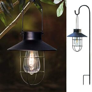 2 pack ekq hanging solar lights lantern lamp with shepherd hook, metal waterproof edison bulb lights for garden outdoor pathway (black)