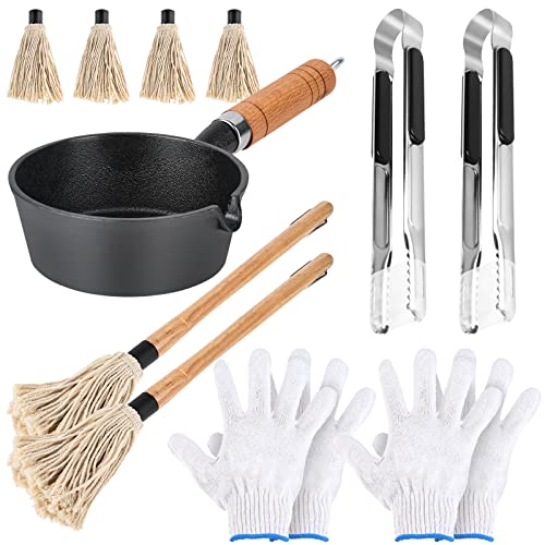 11 Piece Cast Iron Basting Pot and Brush Set Include Sauce Pot & BBQ Mop Basting Brush Grilling Cast Iron Cookware Grilling Accessories Gifts for Men with Food Tongs,Gloves and Brush Refills