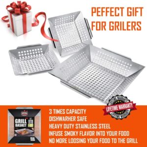 3 Pack Grill Baskets for Outdoor Grill, Heavy Duty Stainless Steel Vegetable Grill Basket, Grilling Basket for Veggies, Grilling Accessories for All Grills & Smokers - Grilling Gifts for Men