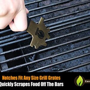 Cave Tools Bristle-Free Metal Grill Scraper - Includes Bottle Opener - Barbeque Brush Substitute - BBQ Grill Accessories, Brass