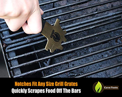 Cave Tools Bristle-Free Metal Grill Scraper - Includes Bottle Opener - Barbeque Brush Substitute - BBQ Grill Accessories, Brass