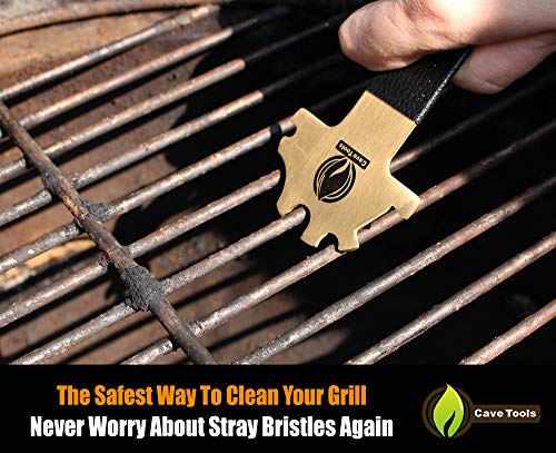 Cave Tools Bristle-Free Metal Grill Scraper - Includes Bottle Opener - Barbeque Brush Substitute - BBQ Grill Accessories, Brass