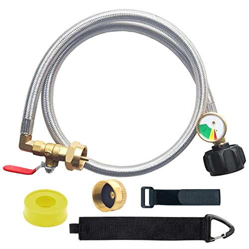 NQN Upgraded 36" Stainless Braided QCC1 Type Inlet Propane Refill Adapter Hose Extension Propane Refill Hose with Gauge and ON/Off Control Valve for 1LB Propane Gas Tank 350PSI High Pressure Camping