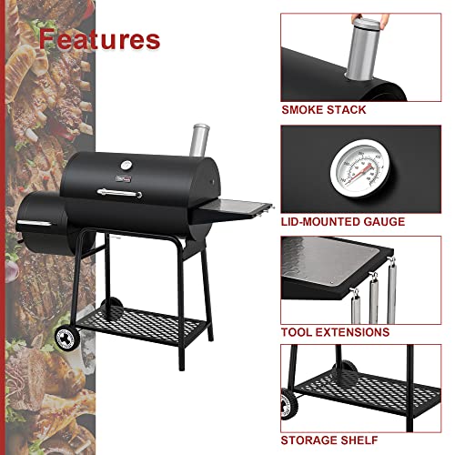 Royal Gourmet CC1830M 30-Inch Barrel Charcoal Grill with Offset Smoker, 811 Square Inches, Outdoor Backyard, Patio and Parties, Black