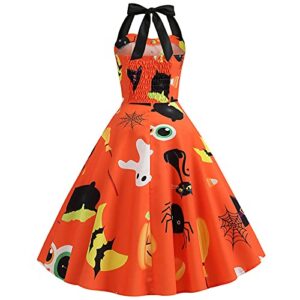 Women's Vintage Print Halter Halloween Sleeveless Evening Party Swing Cocktail Dress Yellow