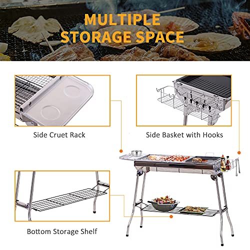 Outsunny Portable Folding Charcoal BBQ Grill Stainless Steel Camp Picnic Cooker with Grill Pan Storage Shelf Hooks