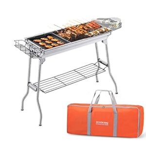 portable charcoal grill,outdoor bbq grill for christmas picnic, thanksgiving family gathering and backyard barbecue,with storage bag & non-stick frying pan