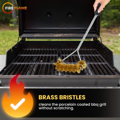 Fireflame BBQ Grill Brush – Non-Scratch Brass Bristles - 21-Inch Long Handle Barbecue Grill Cleaning Brush - Wide-Faced Spiral Heavy-Duty – Made in The USA