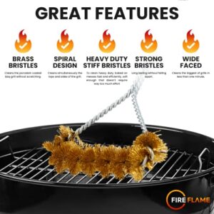 Fireflame BBQ Grill Brush – Non-Scratch Brass Bristles - 21-Inch Long Handle Barbecue Grill Cleaning Brush - Wide-Faced Spiral Heavy-Duty – Made in The USA