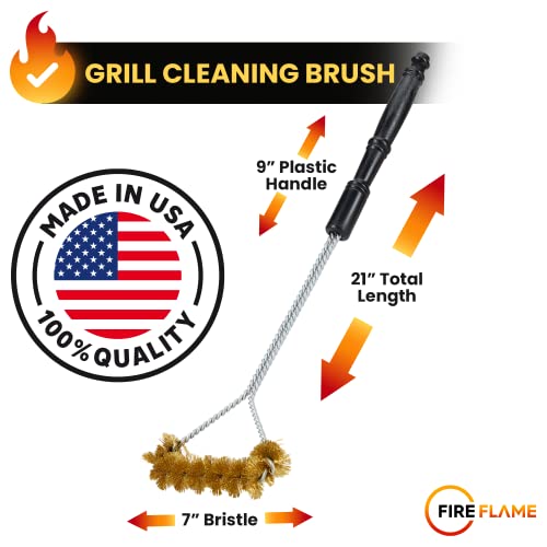 Fireflame BBQ Grill Brush – Non-Scratch Brass Bristles - 21-Inch Long Handle Barbecue Grill Cleaning Brush - Wide-Faced Spiral Heavy-Duty – Made in The USA