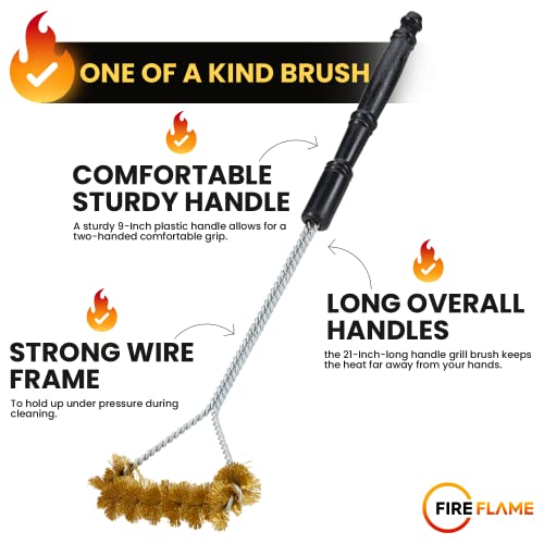 Fireflame BBQ Grill Brush – Non-Scratch Brass Bristles - 21-Inch Long Handle Barbecue Grill Cleaning Brush - Wide-Faced Spiral Heavy-Duty – Made in The USA