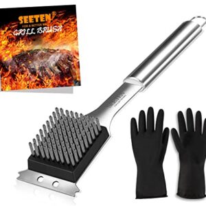 SEETEN Grill Brush and Scraper with 1 Reusable Cleaning Gloves-Safe&Strong 16 inch Stainless Steel Grill Cleaning Brush no Wire Bristles Fall Off-Nice Grill Accessories Gift