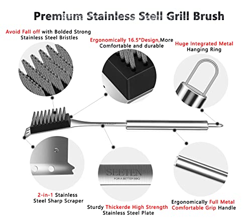 SEETEN Grill Brush and Scraper with 1 Reusable Cleaning Gloves-Safe&Strong 16 inch Stainless Steel Grill Cleaning Brush no Wire Bristles Fall Off-Nice Grill Accessories Gift